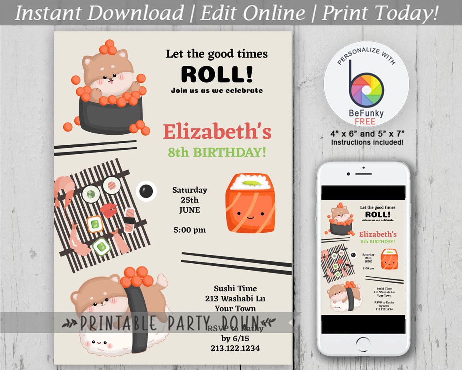 Sushi Party Invite | Cute Puppy Rolls Birthday Customize Template ...