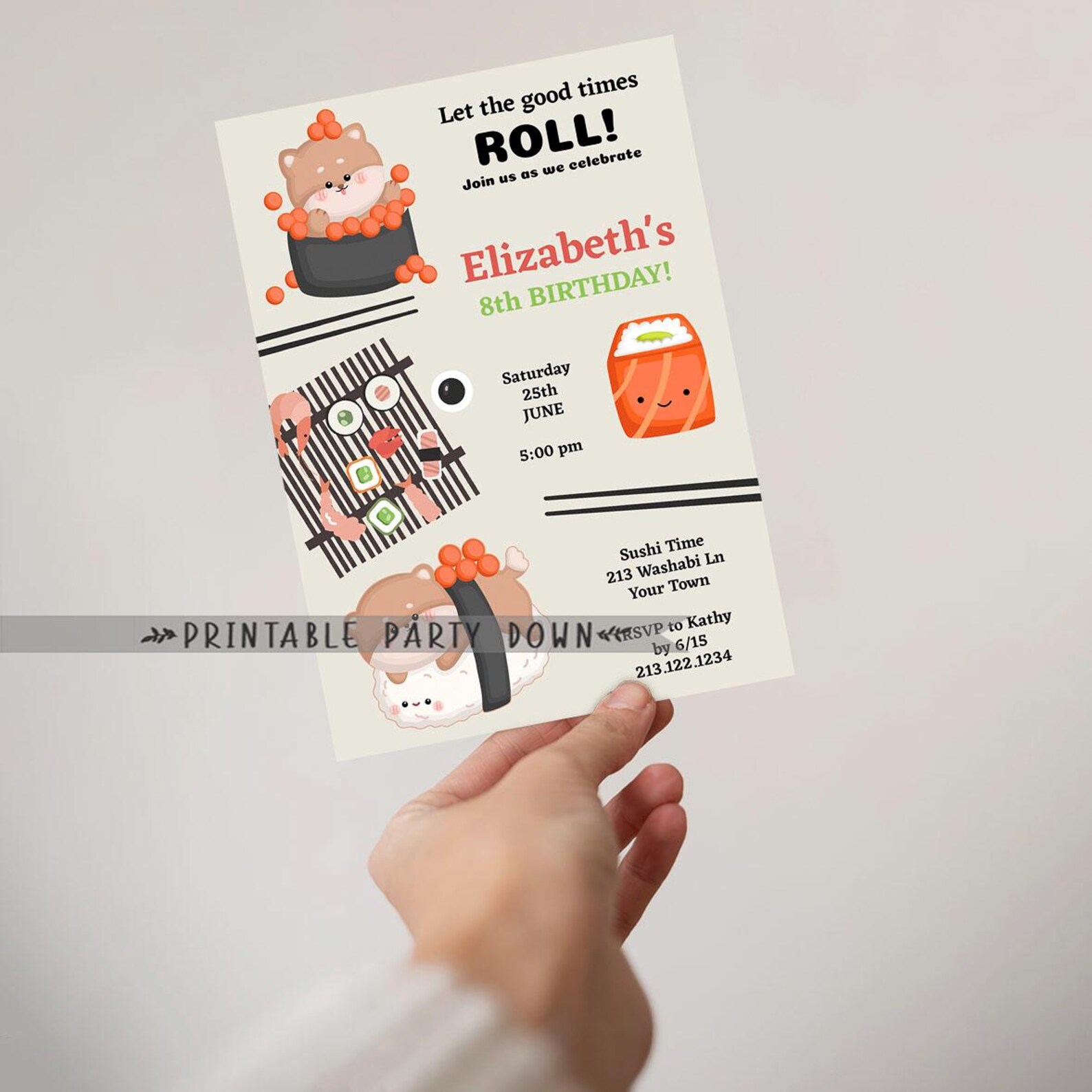 Sushi Party Invite | Cute Puppy Rolls Birthday Customize Template ...