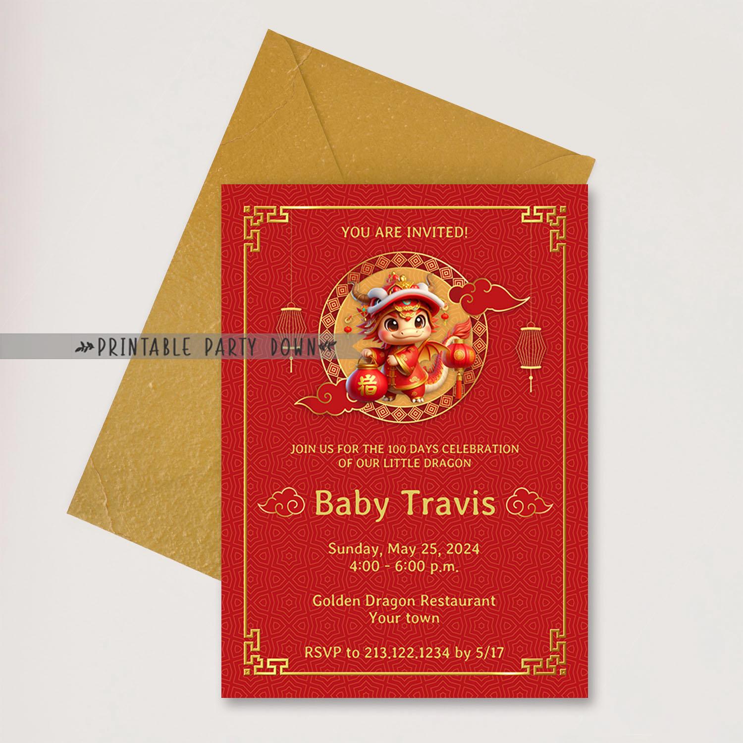 Cute Boy Dragon 100 Days Invitation | Baby Dragon 100 Days Poster ...
