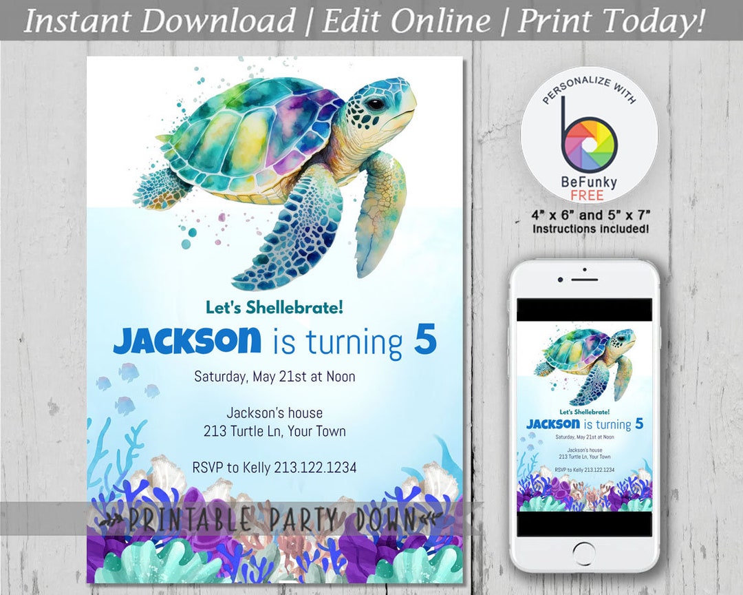 Sea Turtle Birthday Invitation: Under the Sea, Editable Template ...