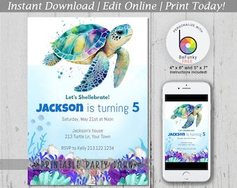 Printable Turtle Invitation, Watercolor Turtle Birthday Invite, Turtle ...