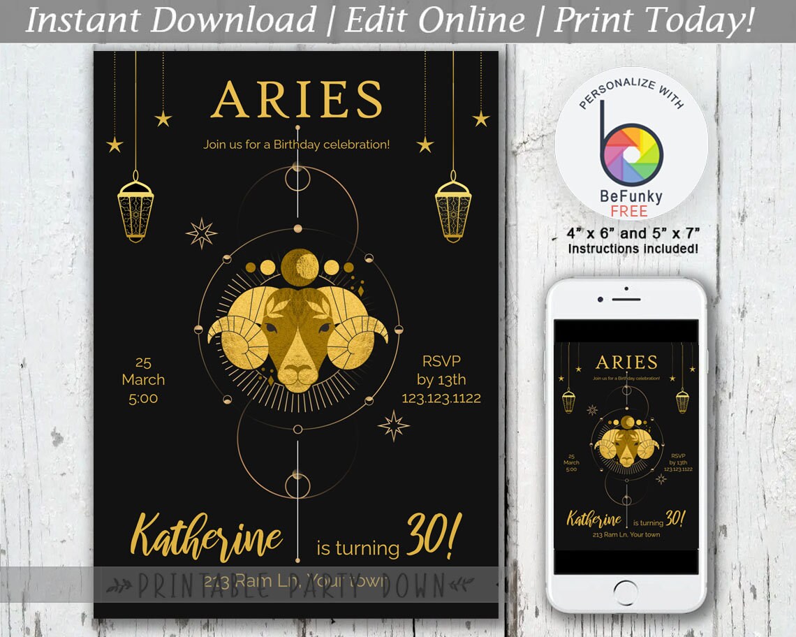 Zodiac Aries Party Invite | Gold Black Party Invitations | Birthday ...