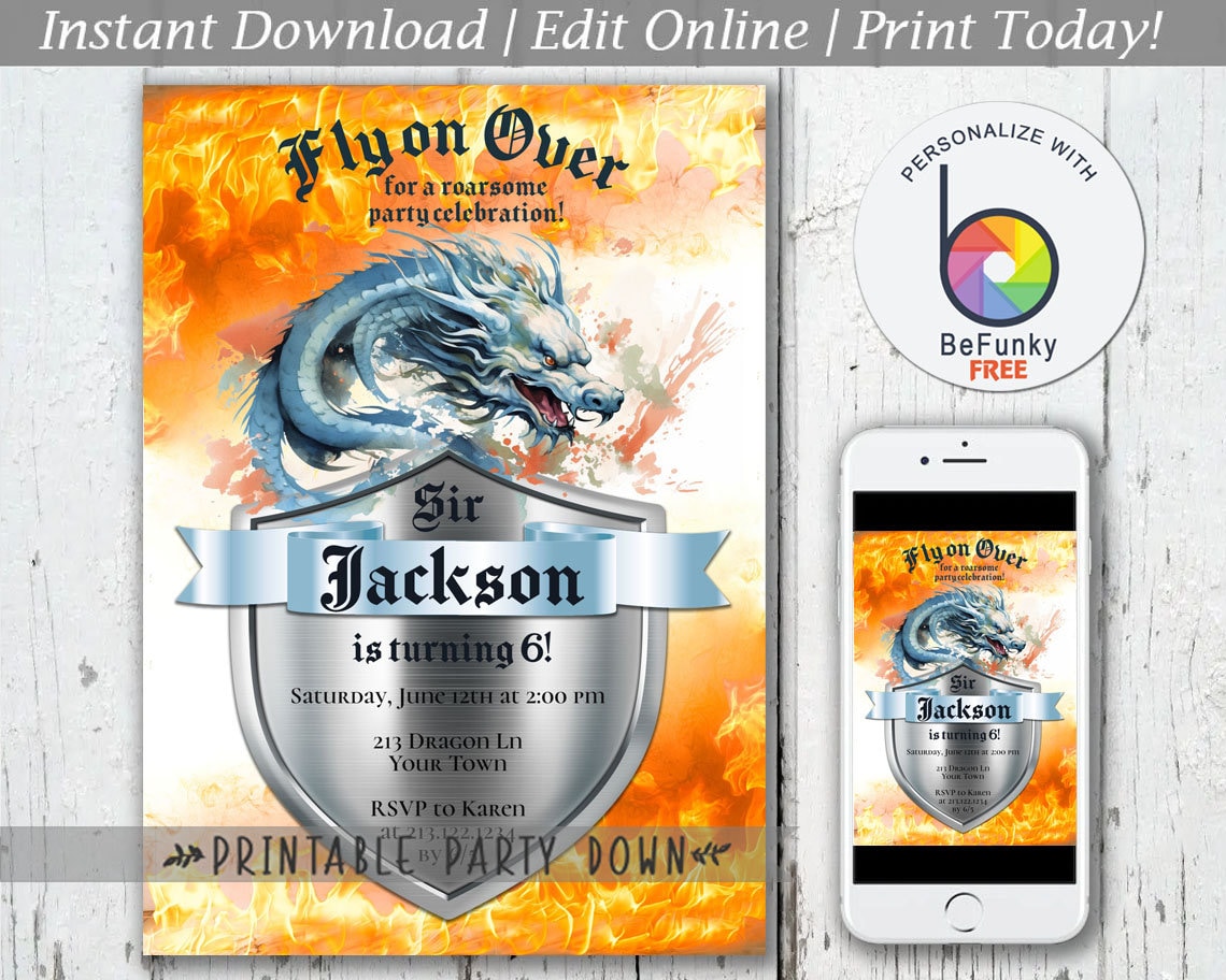 Dragon Flames Party Invite | Orange Blue Fire Birthday Customize ...