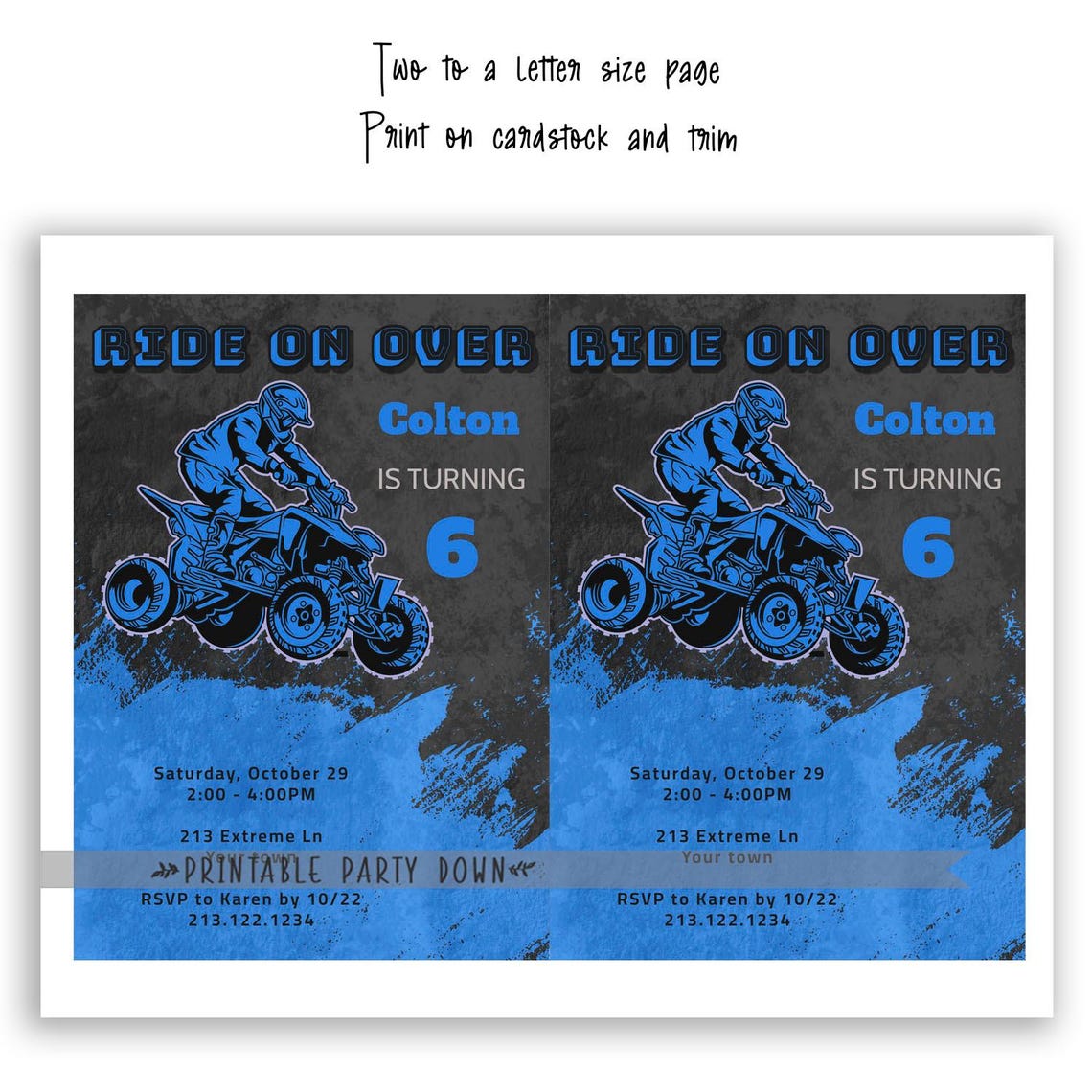 Quad Invitation Template | ATV Party Blue Black Quad Birthday Customize ...