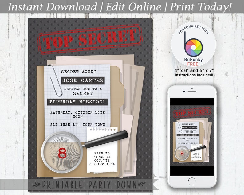 Secret Agent Birthday Invitation: Editable Spy Party Template (digital ...