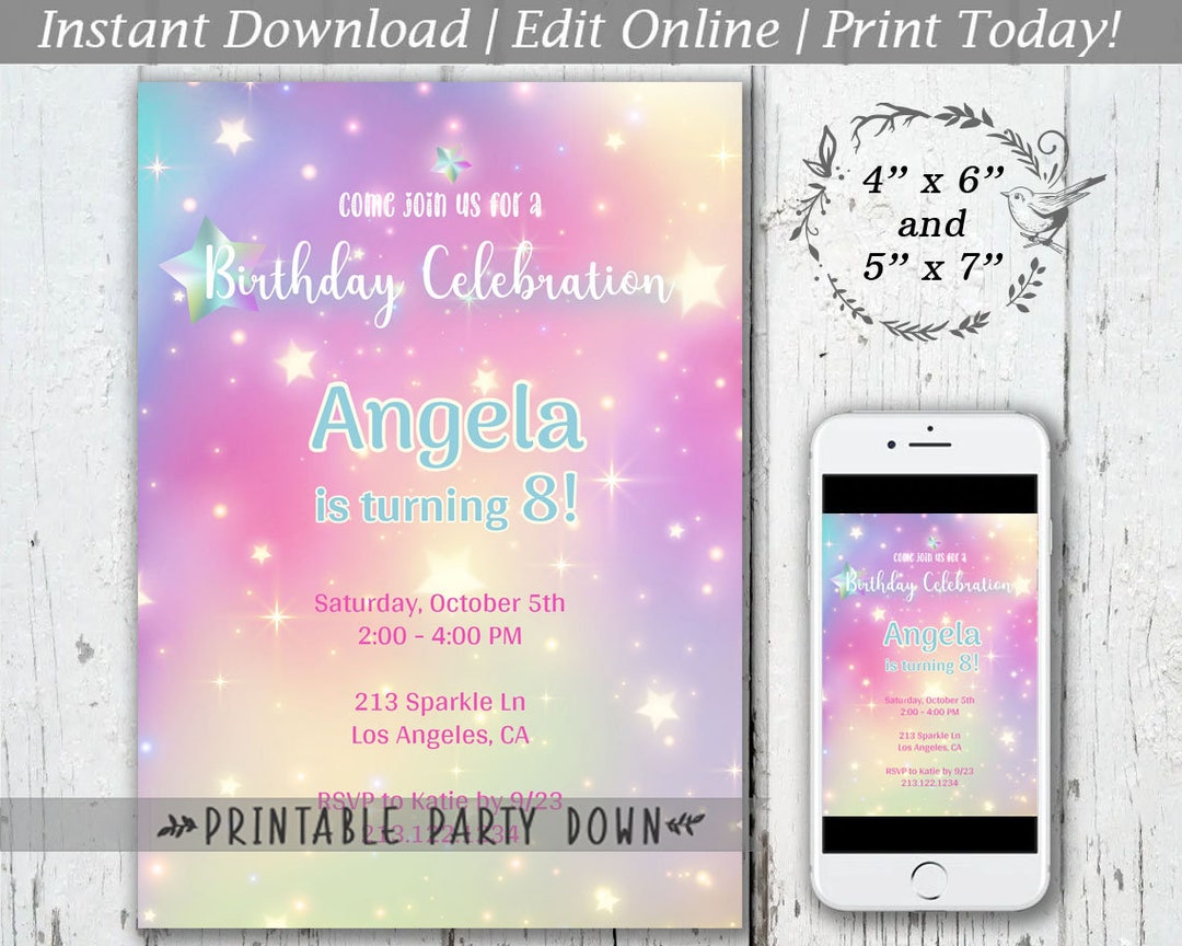 Iridescent Luminous Birthday Invite Template | Rainbow Star Watercolor ...
