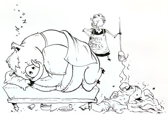 Messy Pig Original Cartoon Drawing Hog Funny Illustration | Etsy