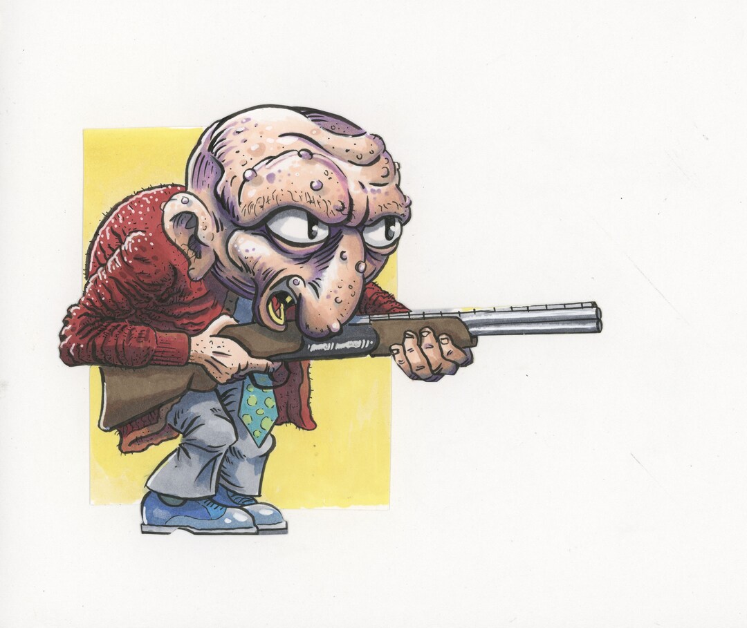 Stylish Old Man With Gun: Original Cartoon Character Illustration (5x7 ...