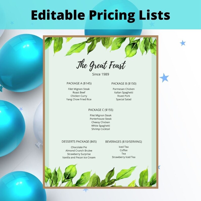 FOOD PRICE LIST Editable Price List Digital Downloadable | Etsy