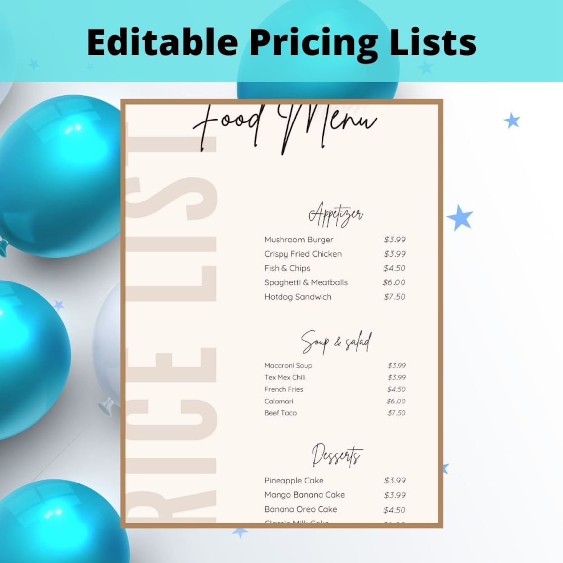 EDITABLE PRICE LIST, Shopping Price List, Digital Minimal Price List ...