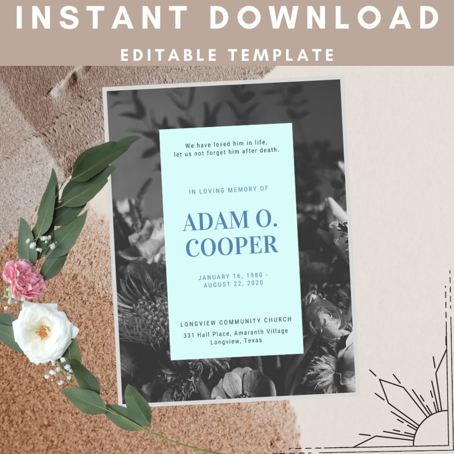 FUNERAL TEMPLATE, Order of SERVICE, Digital Downloadable Memorial ...