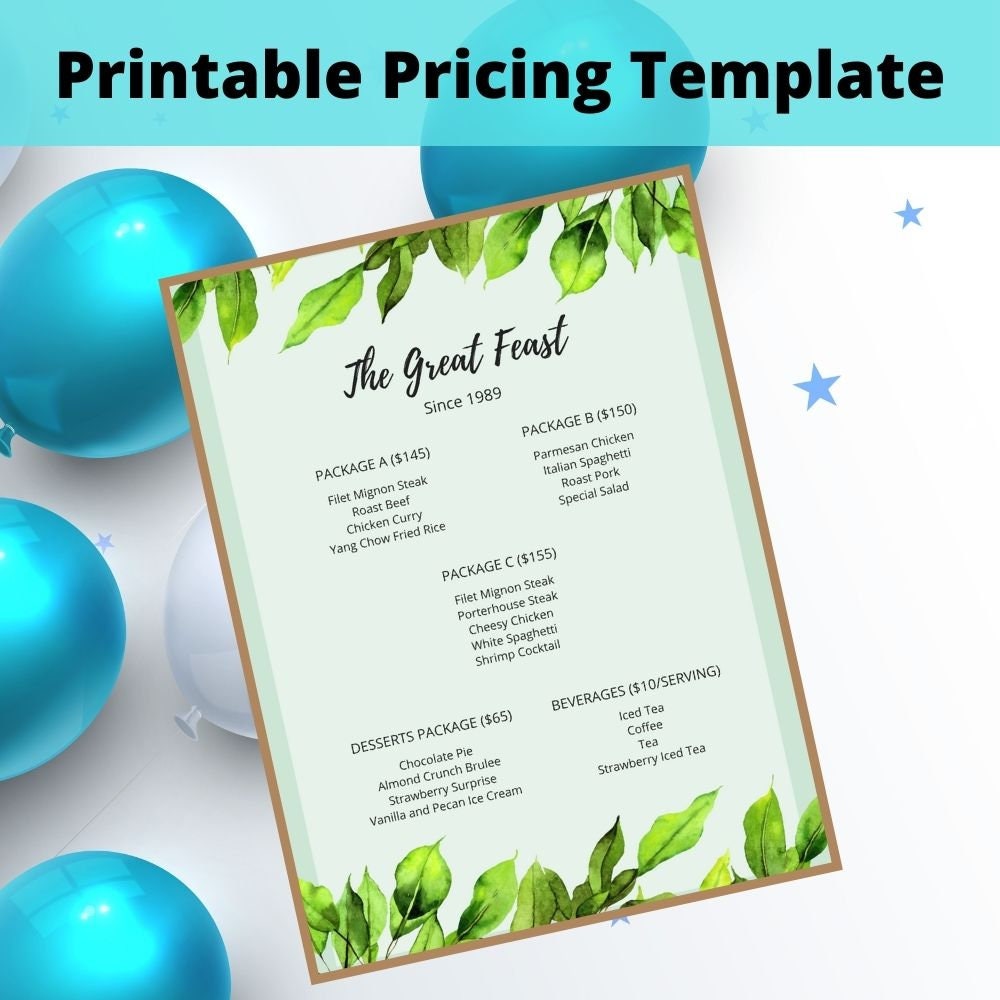 FOOD PRICE LIST, Editable Price List, Digital Downloadable Blue and ...