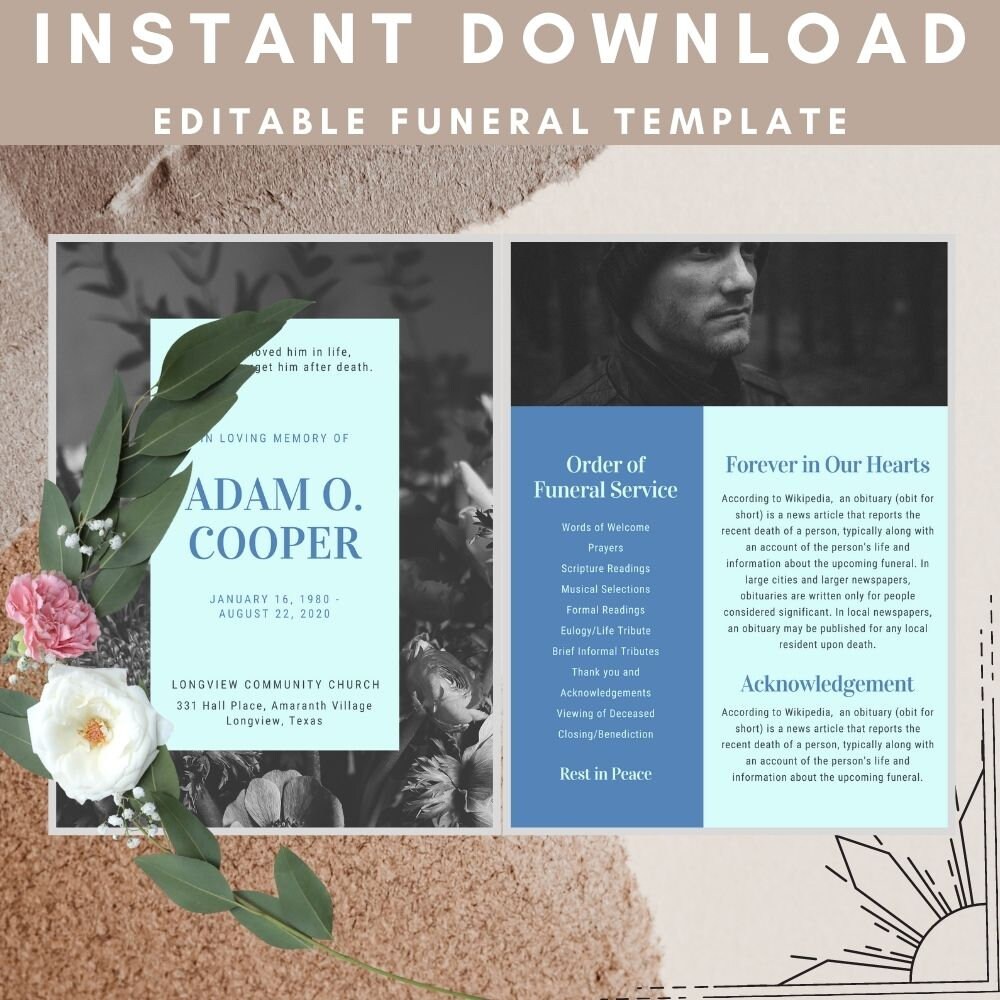 FUNERAL TEMPLATE, Order of SERVICE, Digital Downloadable Memorial ...