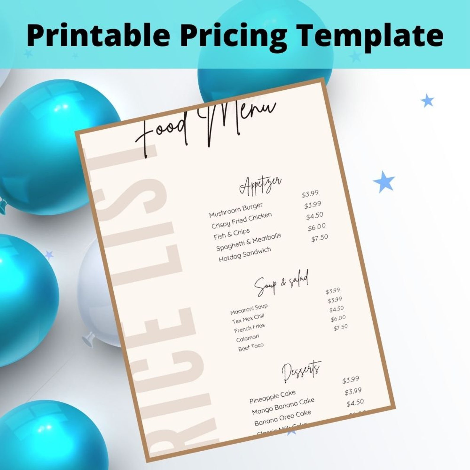 EDITABLE PRICE LIST, Shopping Price List, Digital Minimal Price List ...