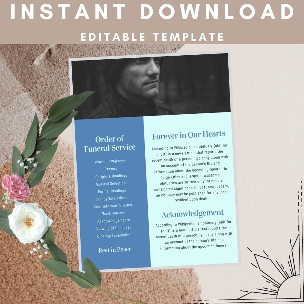 FUNERAL TEMPLATE, Order of SERVICE, Digital Downloadable Memorial ...