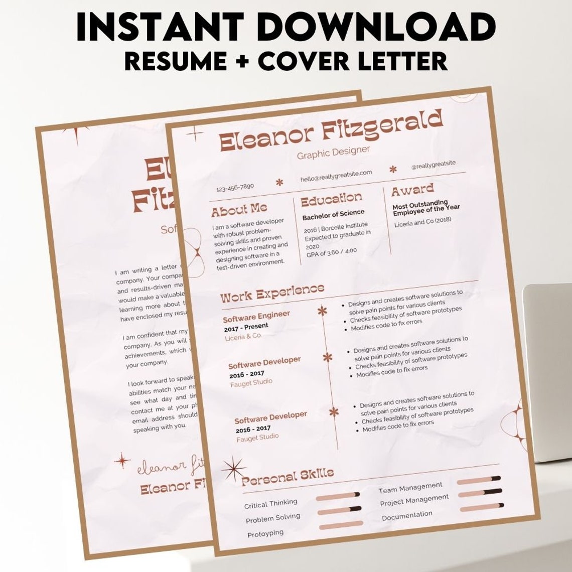 CV TEMPLATE MINIMAL, Unique Resume, Editable Downloadable Brown ...