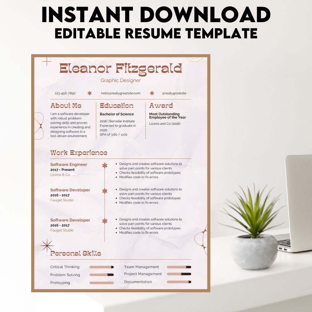CV TEMPLATE MINIMAL, Unique Resume, Editable Downloadable Brown ...