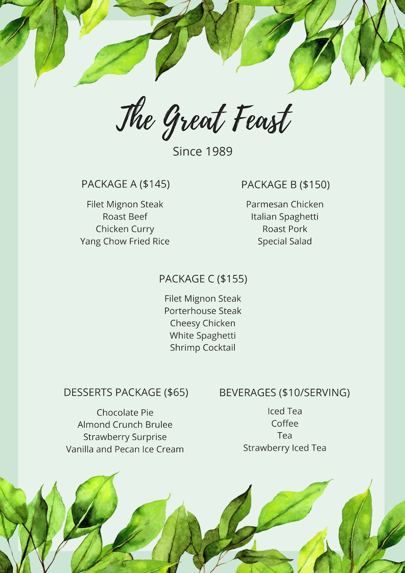 FOOD PRICE LIST, Editable Price List, Digital Downloadable Blue and ...