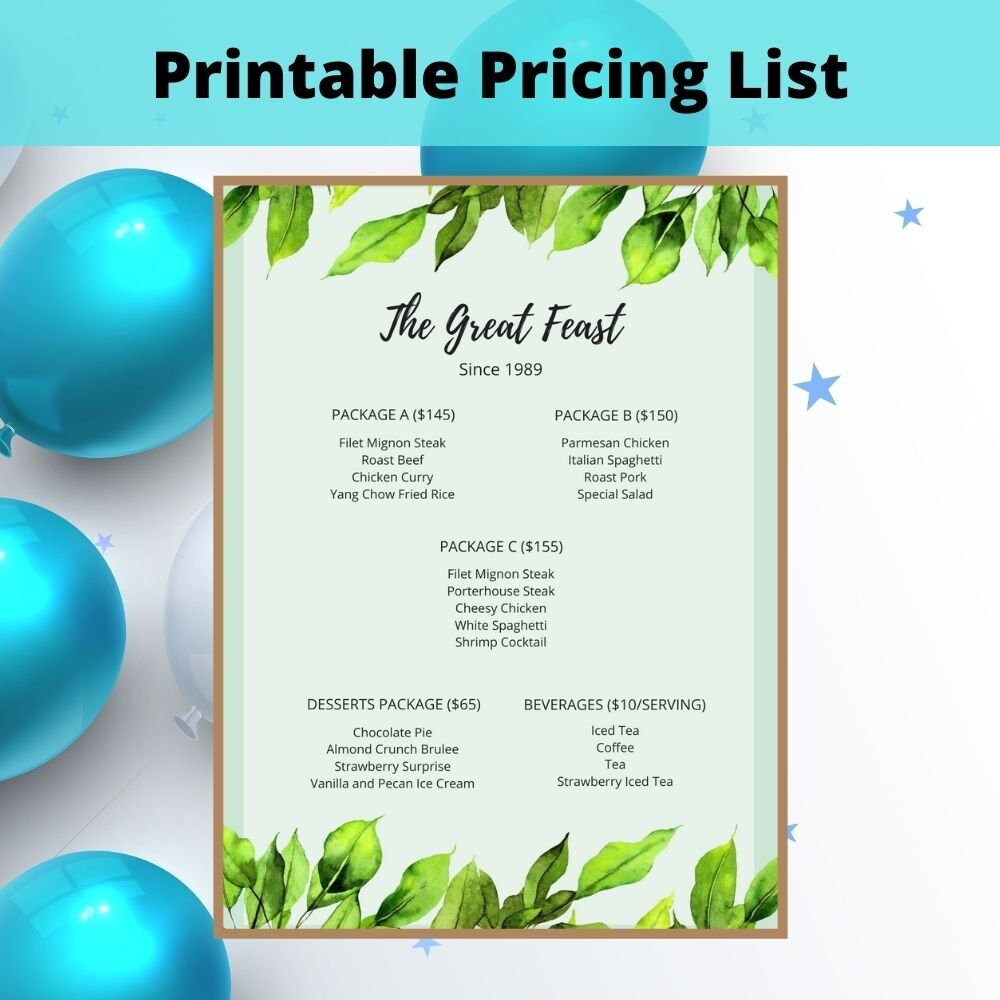 FOOD PRICE LIST, Editable Price List, Digital Downloadable Blue and ...