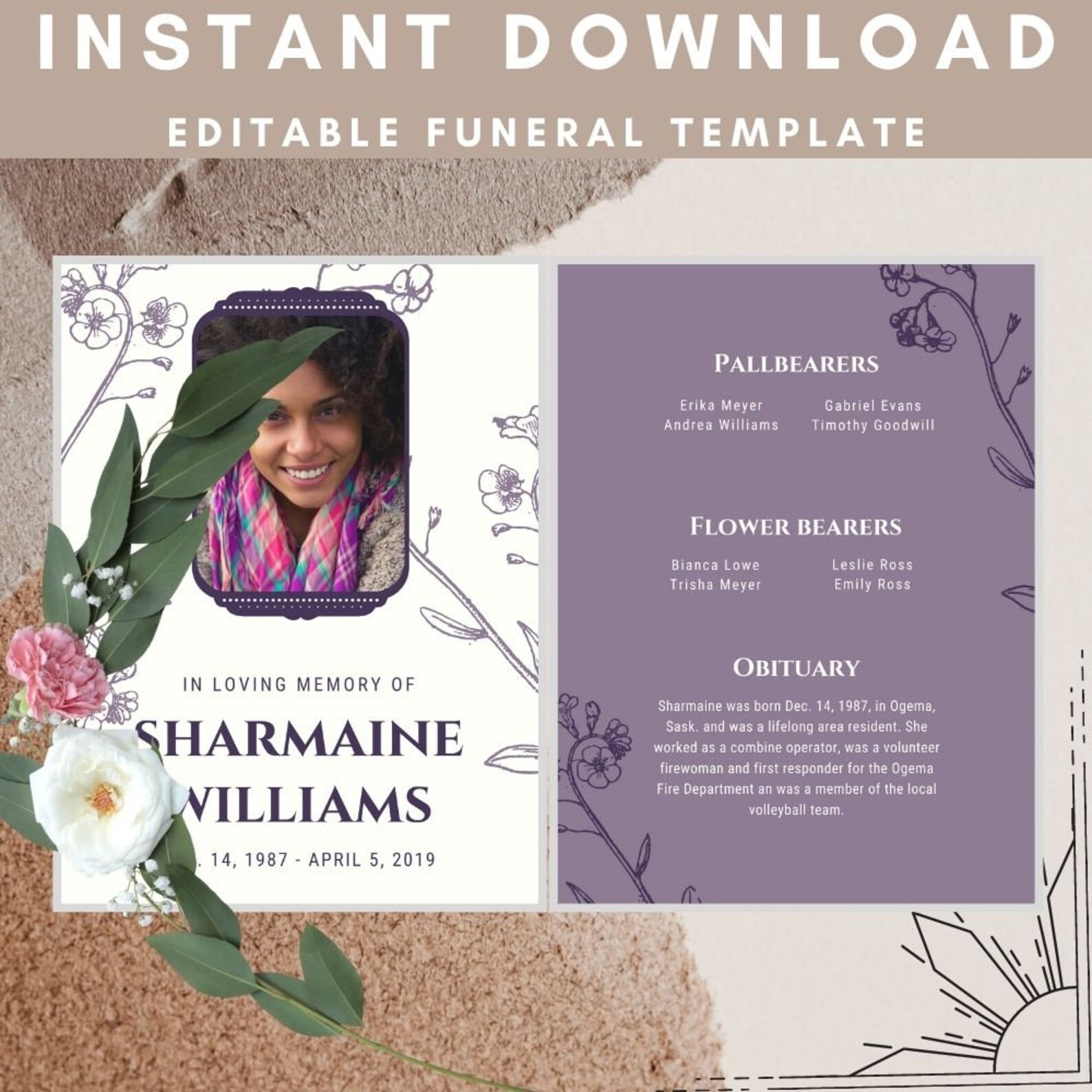 FUNERAL STATIONERY, CEREMONY Program, Editable Scripture Funeral ...