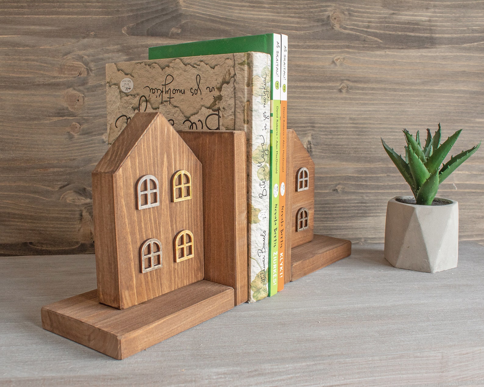 Wood House Bookends Book Stopper Shelf Decor - Etsy