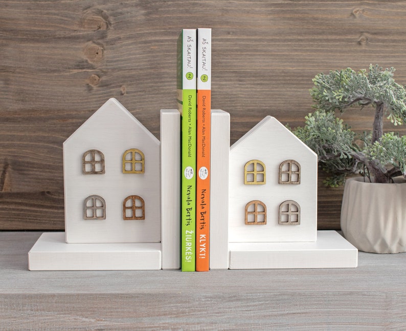 Wood House Bookends Book Stopper Shelf Decor - Etsy