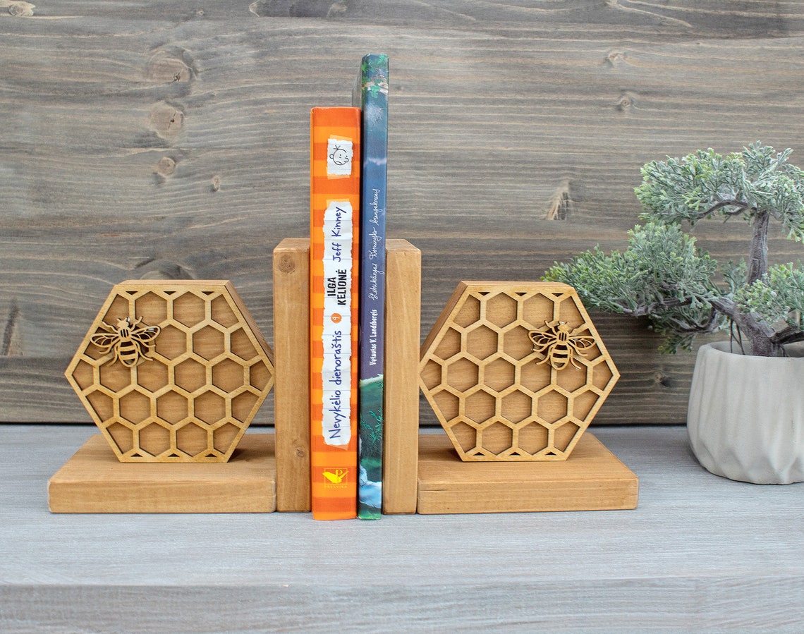 Wooden Honeycomb Bookends Bee Bookends Book Stopper Shelf | Etsy
