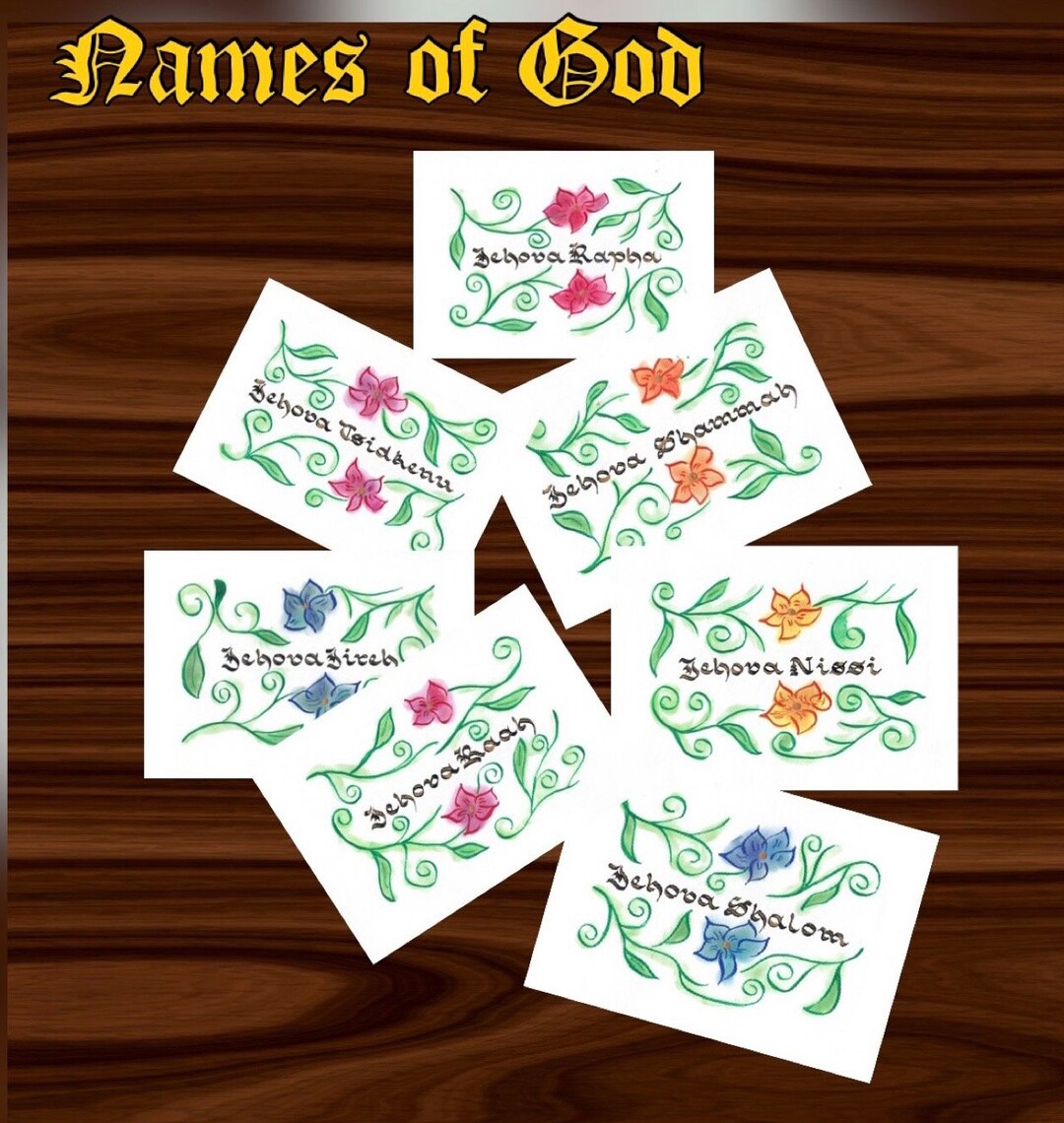 Vintage Calligraphy Card Set: 7 Names of God in Hebrew and English ...