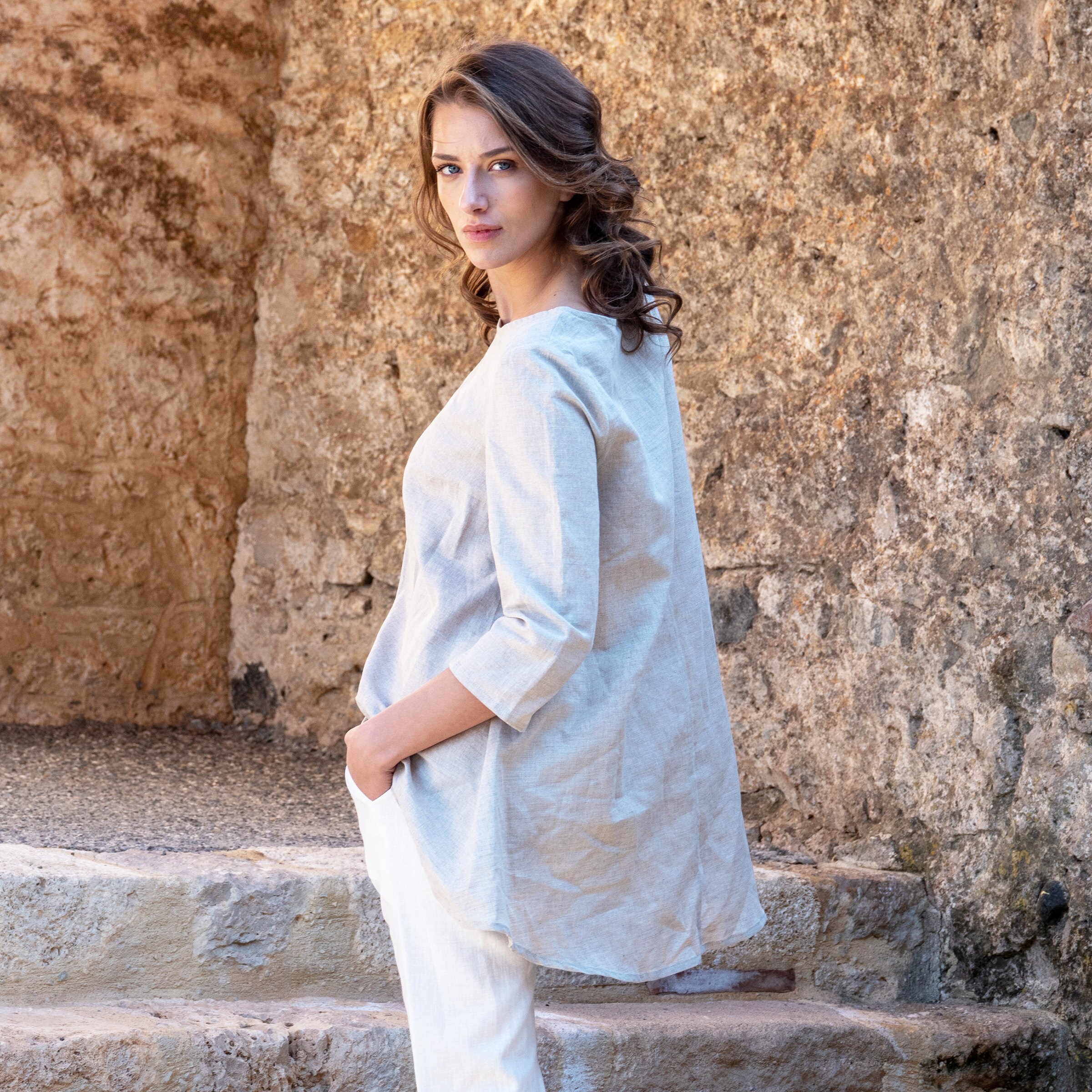 Asymmetric Linen Blouse, 3/4 Sleeve Natural Color Linen Tunic for Women ...