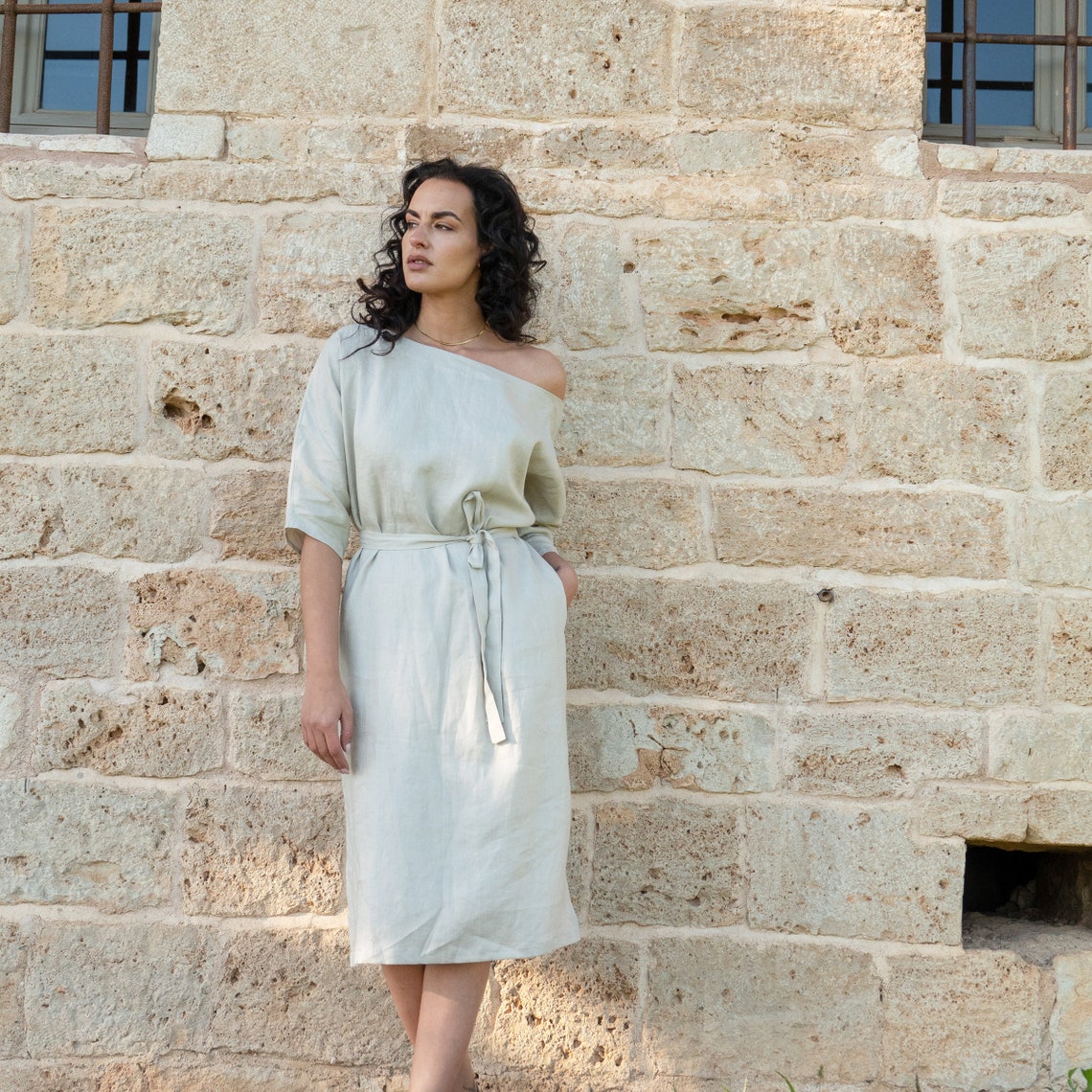 Linen Midi Cream Dress for Womens Linen Summer Dress 3/4 - Etsy