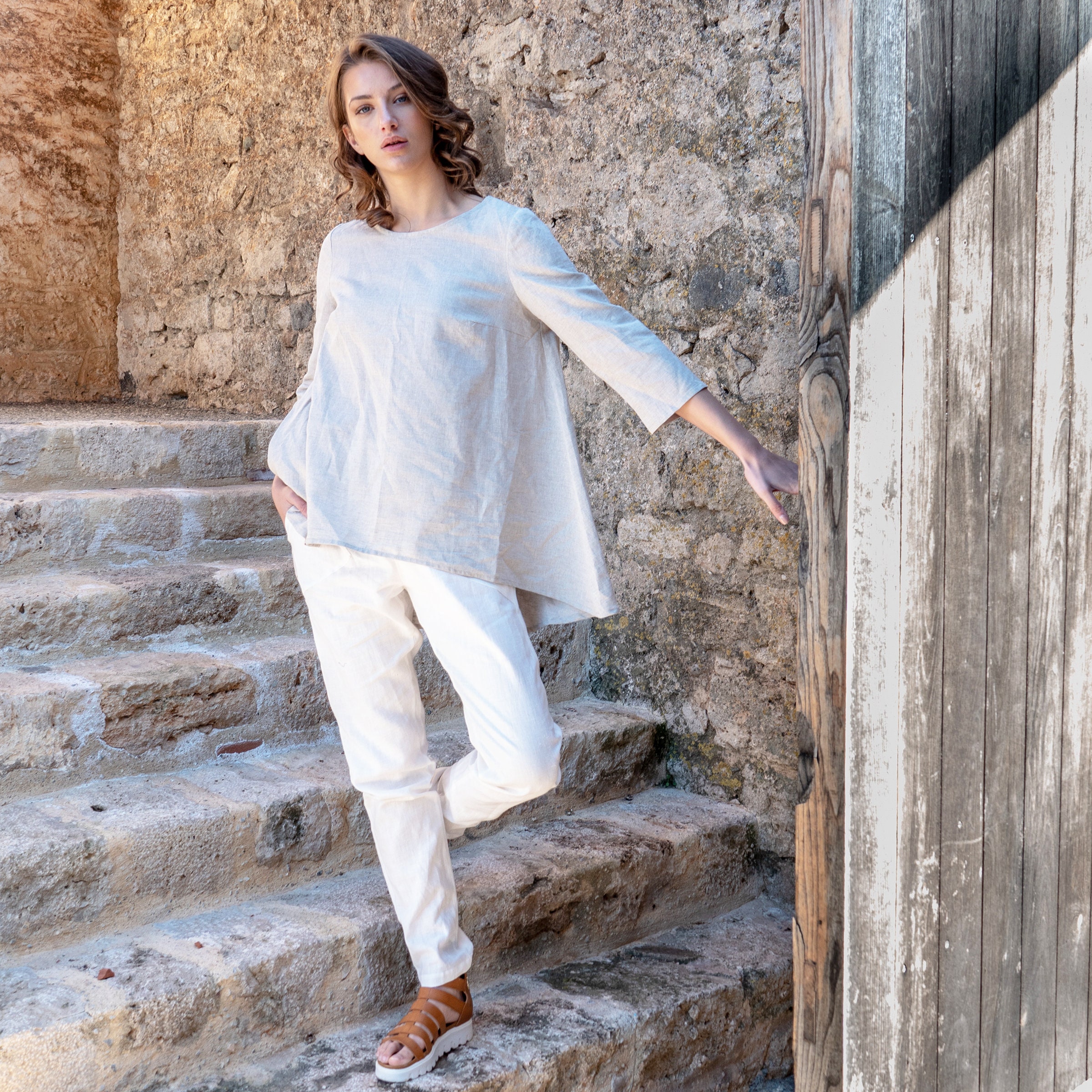 Asymmetric Linen Blouse, 3/4 Sleeve Natural Color Linen Tunic for Women ...