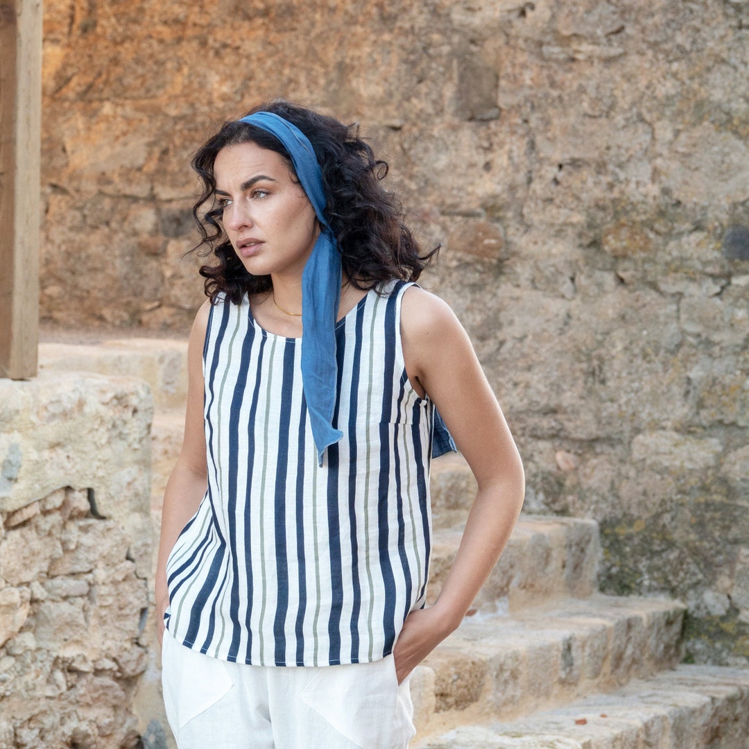 White Blue Striped Italian Pure Linen Tank Top Casual, Top Handmade 100 ...