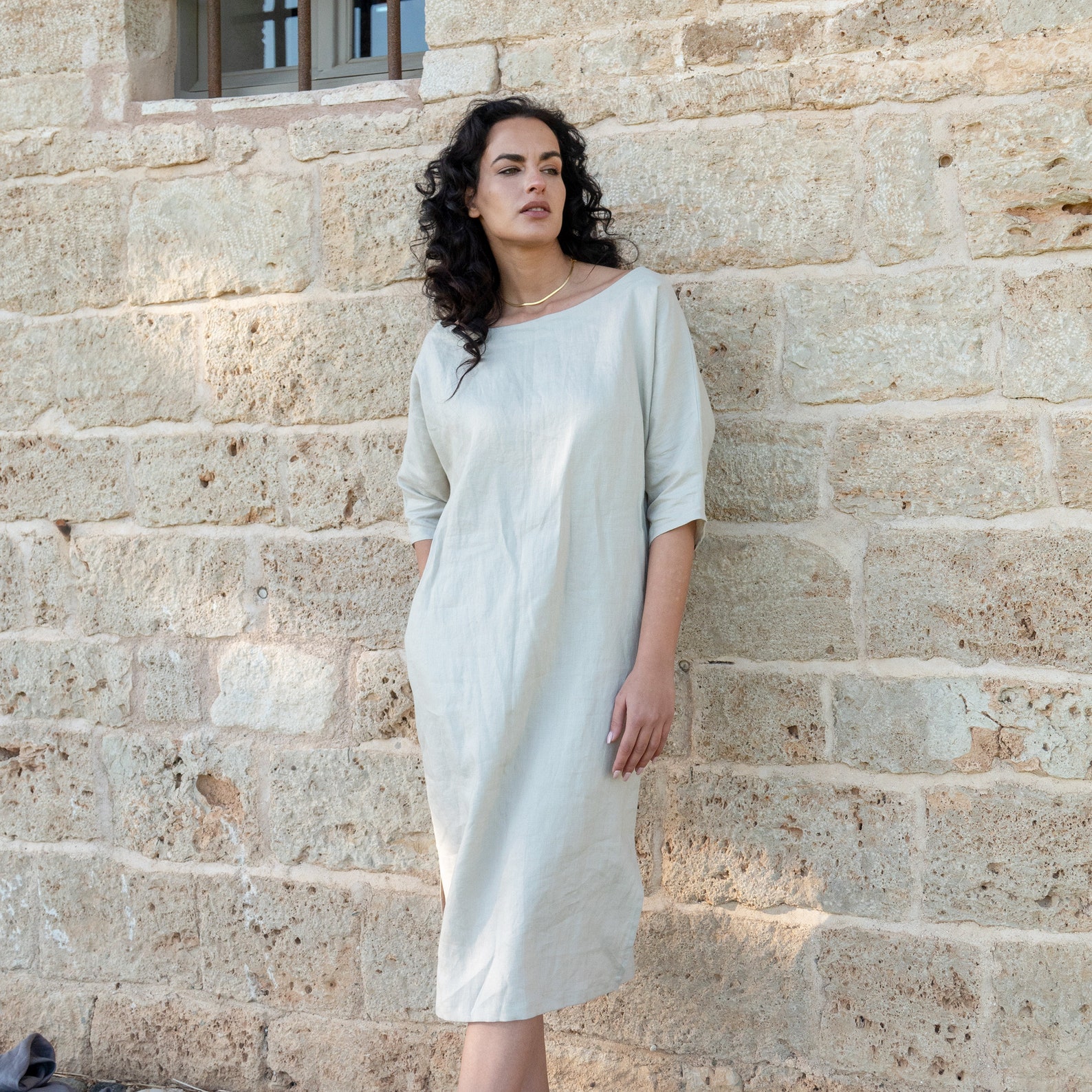 Linen Midi Cream Dress for Womens Linen Summer Dress 3/4 - Etsy