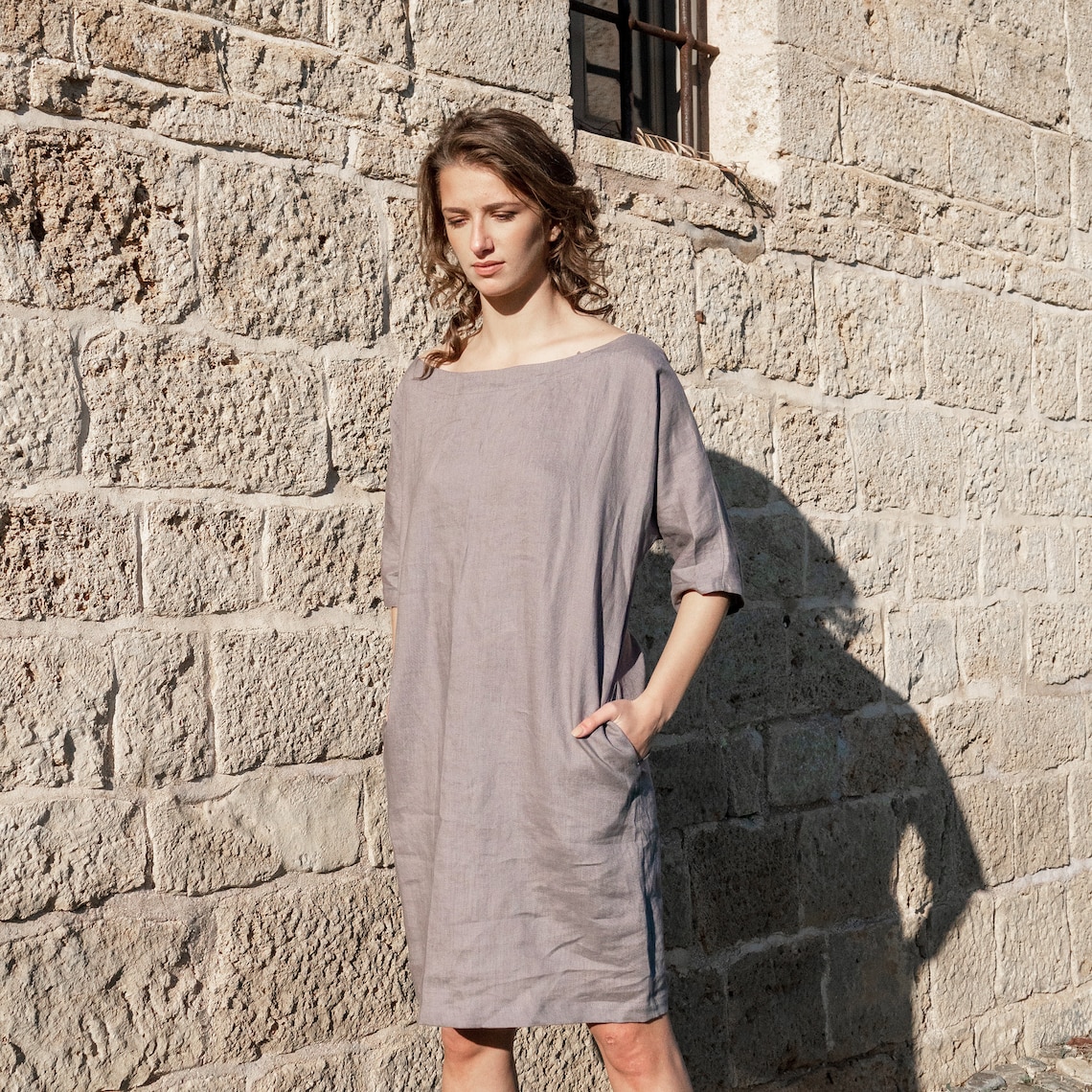 Linen Midi Cream Dress for Womens Linen Summer Dress 3/4 - Etsy