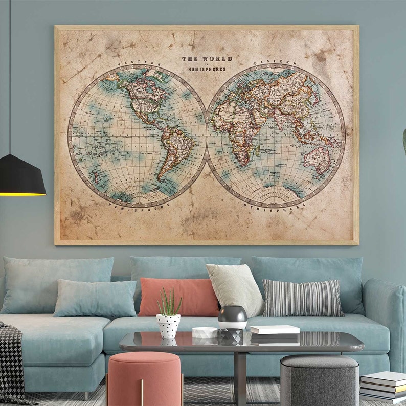 Printable World Map Hemispheres, Wall Art, Home Decor, Large Digital ...