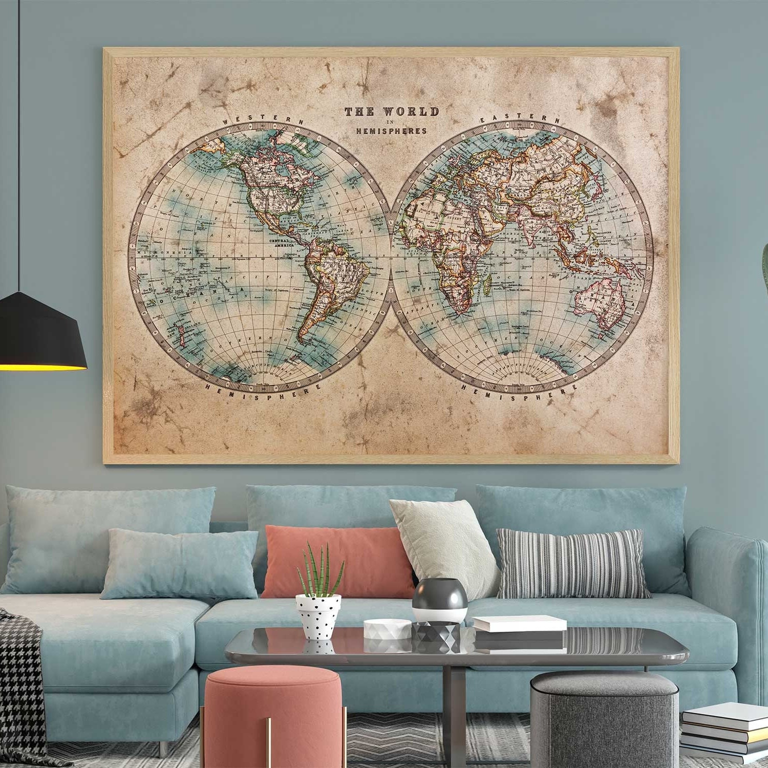 Printable World Map Hemispheres, Wall Art, Home Decor, Large Digital ...