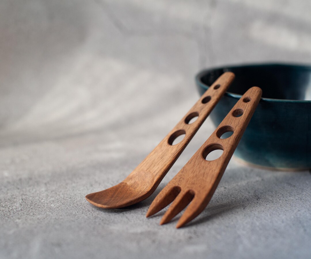SET of Compact Wooden Spoon and Fork Hand Carved. Walnut Small Eating ...