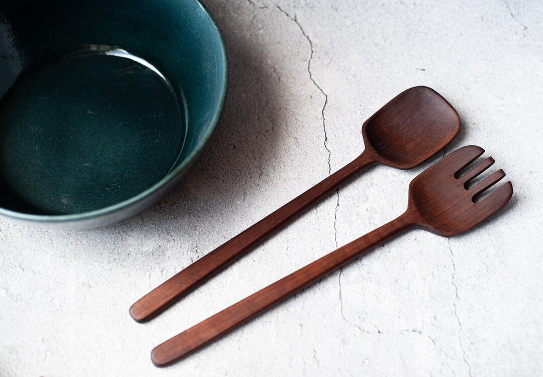 Walnut Wood Salad Servers Hand Carved, One-of-a-kind Mediterranean Wood ...