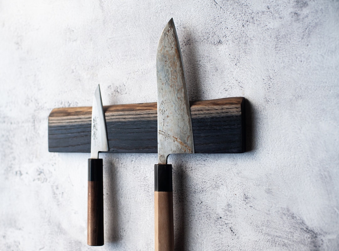 Black Magnetic Knife Holder. Live Edge Wood Knive Rack, Magnet Block ...