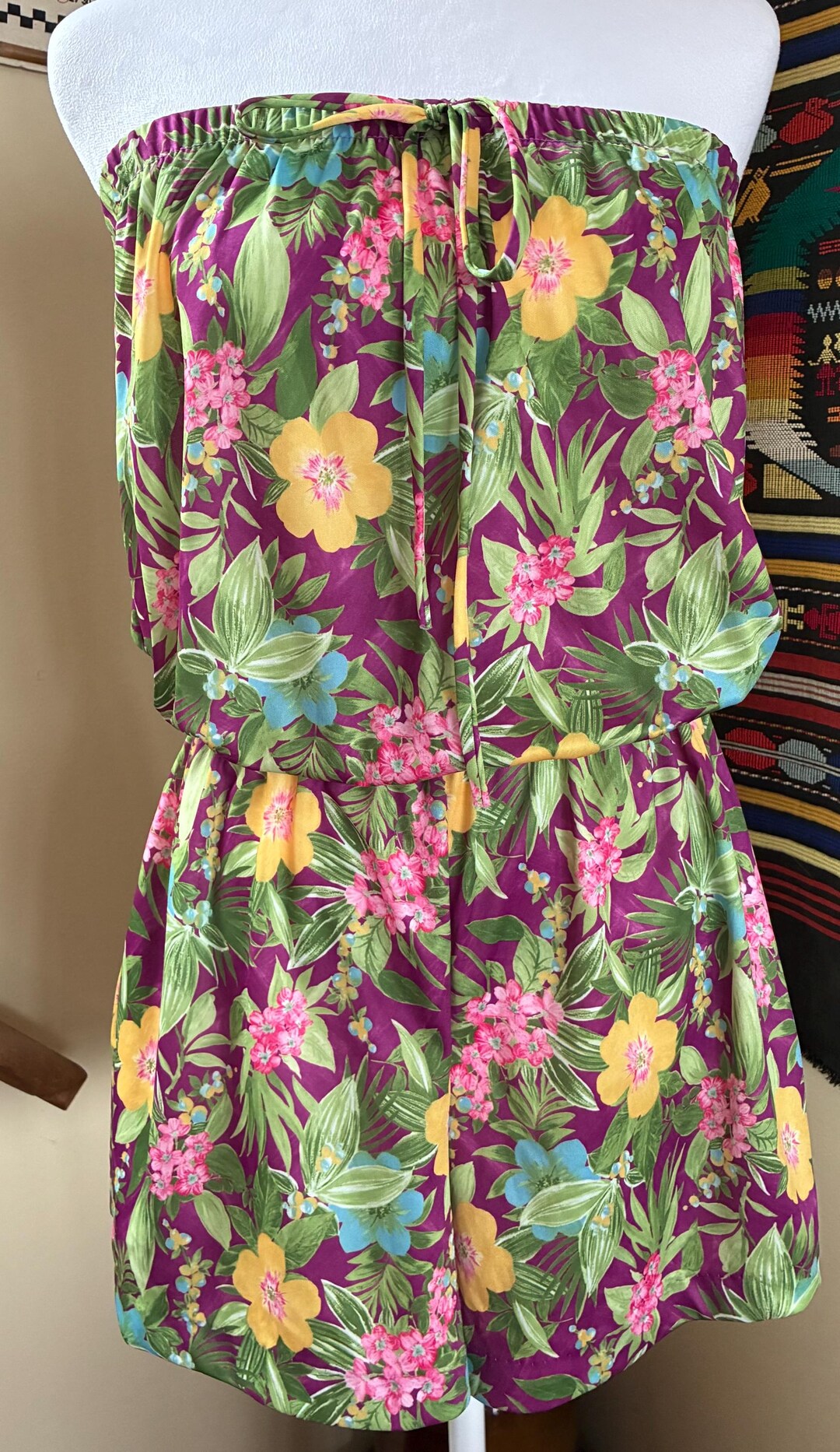 Vintage 80’s Purple Aloha Print Strapless Floral Romper by CW Classics ...