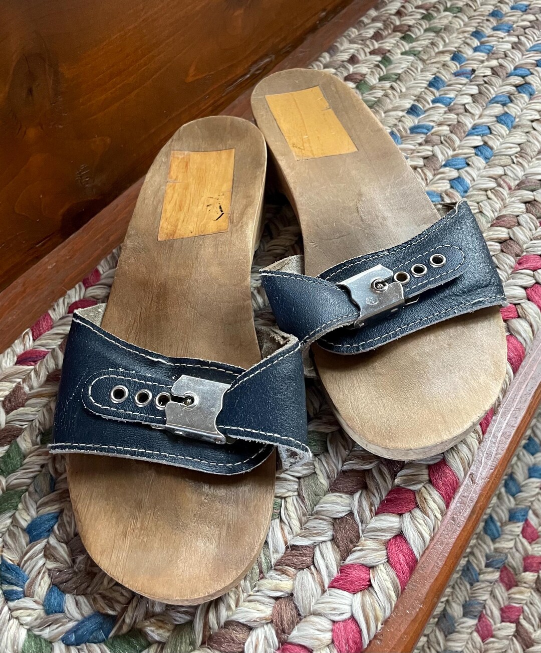 Vintage 60s Navy Blue Wooden Leather Clog Dr. Scholl Exercise Sandals ...