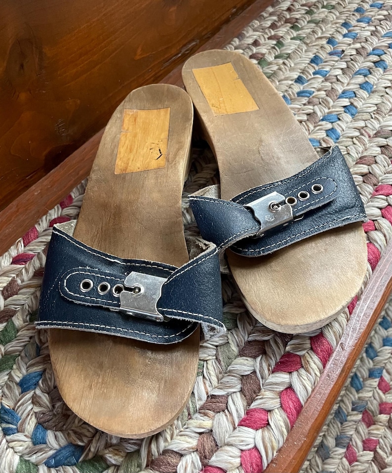 Vintage 60s Navy Blue Wooden Leather Clog Dr. Scholl Exercise Sandals ...