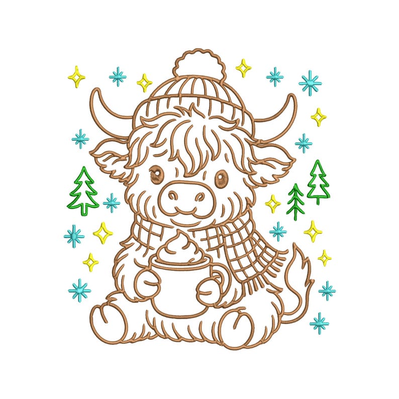 Cute Christmas Highland Cow Embroidery Design | Winter Cow Line Art ...