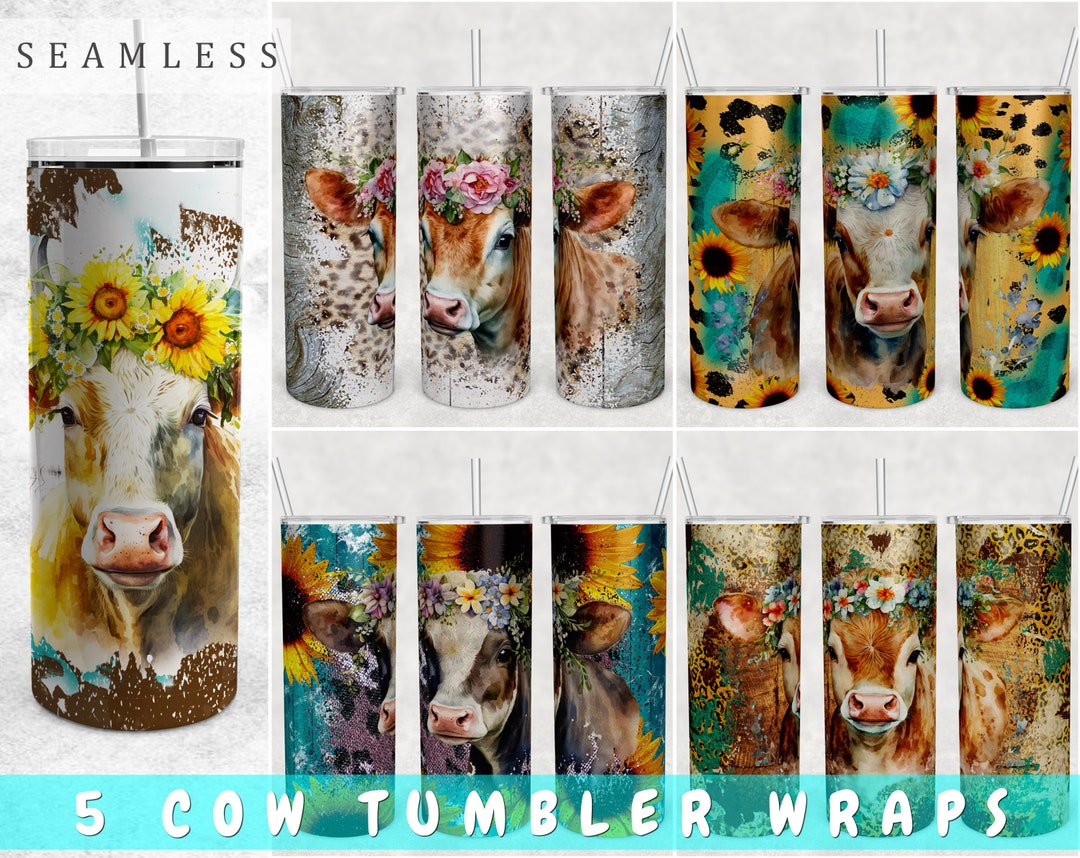 Cow Tumbler Wraps Bundle, 5 Designs, 20oz Skinny Tumbler PNG Files, Cow ...