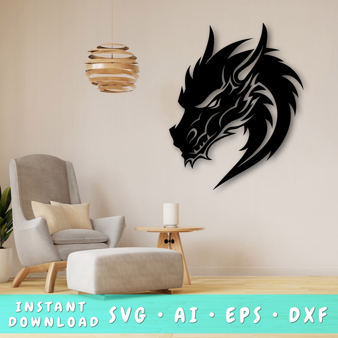Dragon Laser SVG Cut File, Dragon Wall Art SVG, DXF, Eps, Dragon Head ...