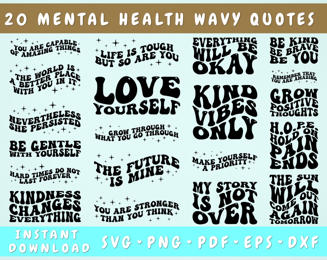 Mental Health Groovy Quotes SVG Bundle, 20 Designs, Mental Health Wavy ...
