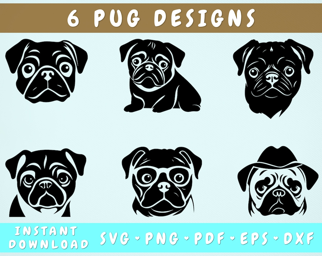 Pug SVG Bundle, 6 Designs, Pug Cut Files, Pug Clipart, Pug PNG, Funny ...