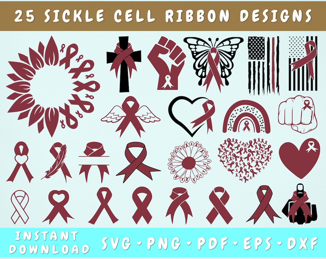 Sickle Cell Ribbon SVG Bundle, 25 Designs, Sickle Cell Clipart, Sickle ...