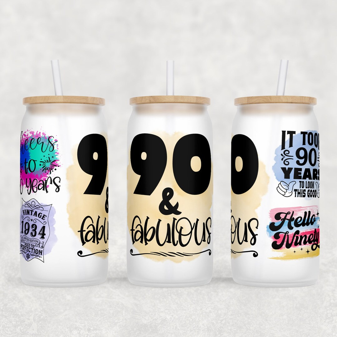 90th Birthday Libbey Glass Can Wrap, 16oz Glass Can PNG File, 90th ...
