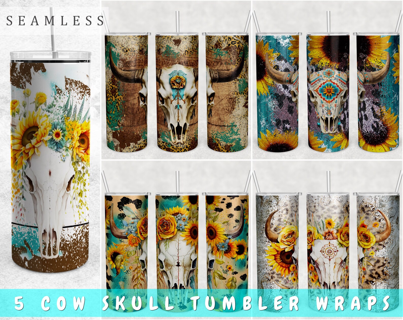 Cow Skull Tumbler Wraps Bundle, 5 Designs, 20oz Skinny Tumbler PNG ...